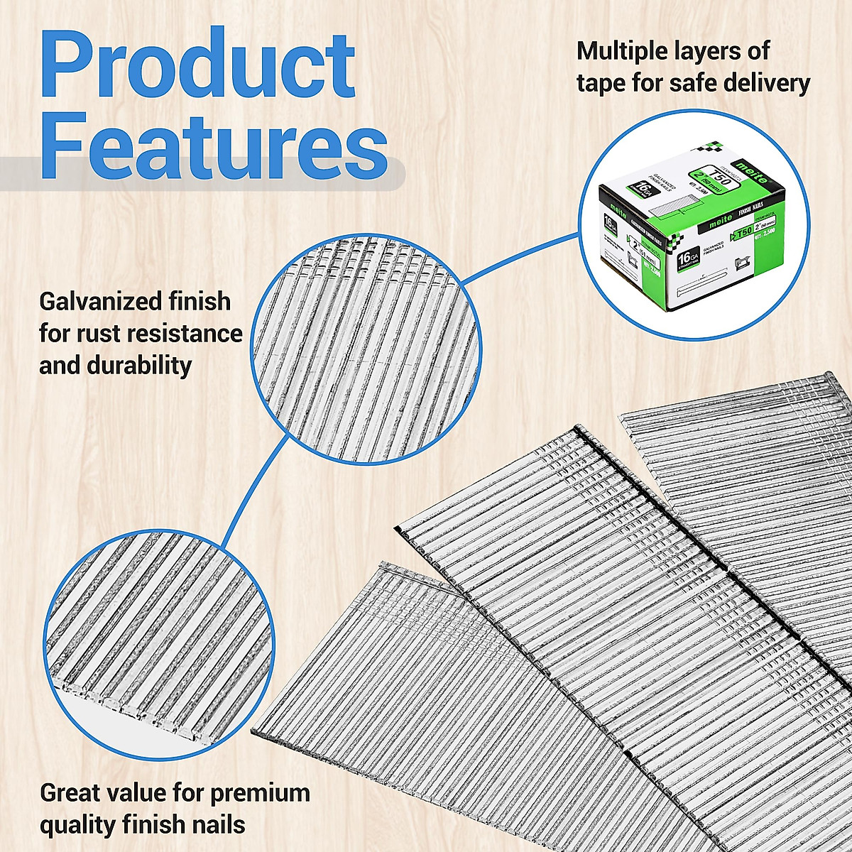 meite 16 Gauge Finish Nails, 2-Inch 16GA Straight Finish Nails Galvanized Finishing Nails for Electric or Pneumatic Nailer Guns (2,500 Counts)