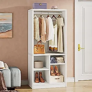 Tribesigns Wardrobe Closet, White Wood Armoire Wardrobe Closet with Open Storage Shelves and Hanging Rod, Freestanding Wardrobe Cabinet for Bedroom (1 PCS)