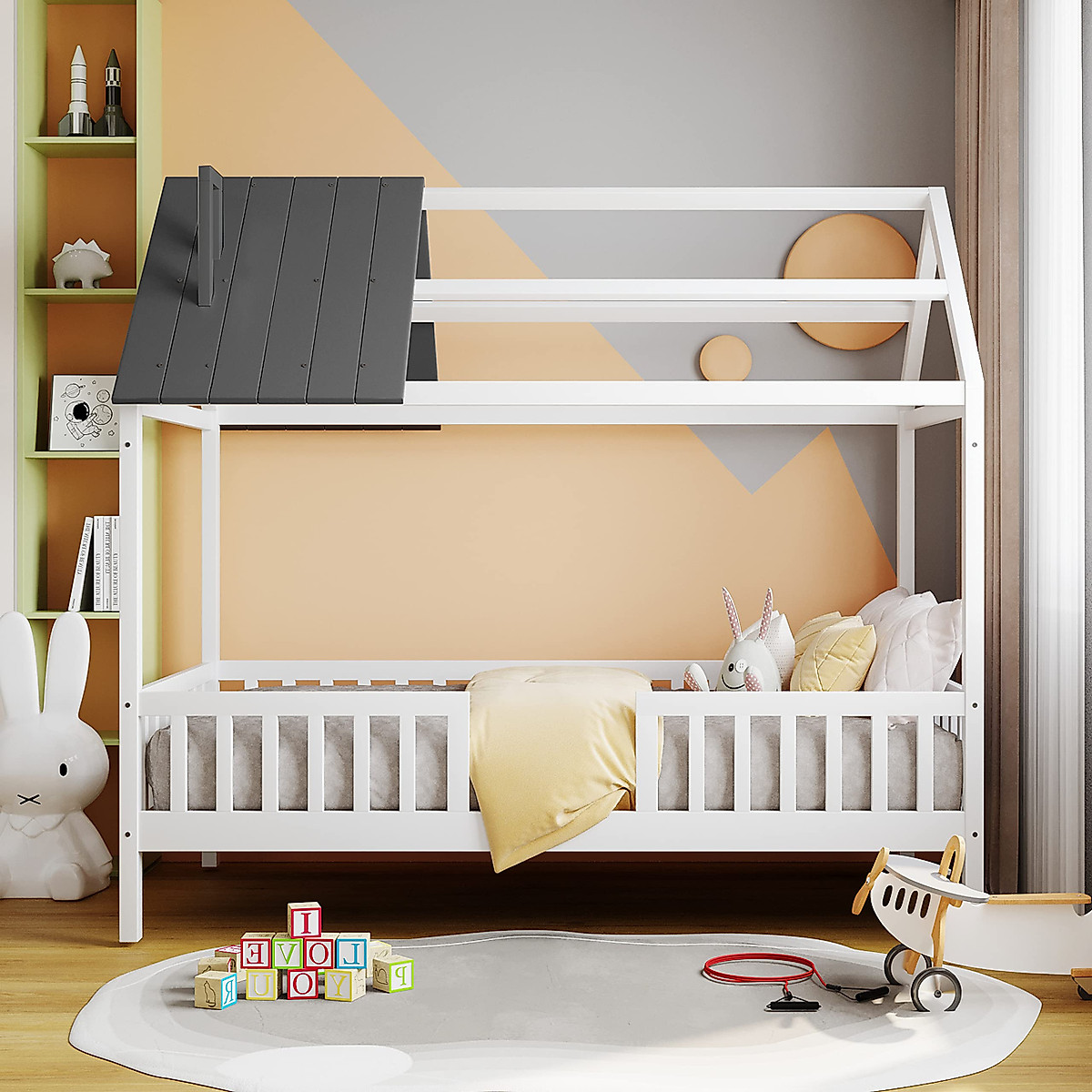 Bellemave Twin House Bed Kids Montessori Beds Playhouse Bed Tent Bed, Solid Wood Platform Bed Frame with Fence and Roof for Kids Teens Girls Boys (White+Gray)