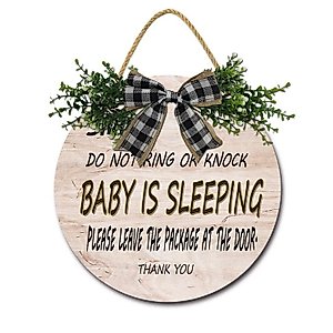 Weytff Baby Sleeping Sign For Front Door Funny Baby Sleeping Hanging Sign Plaque, Do Not Knock Or Ring The Bell, Round Wooden Door Hanger For Baby Room, Nursery, Front Door, Door Knob Decor 12"