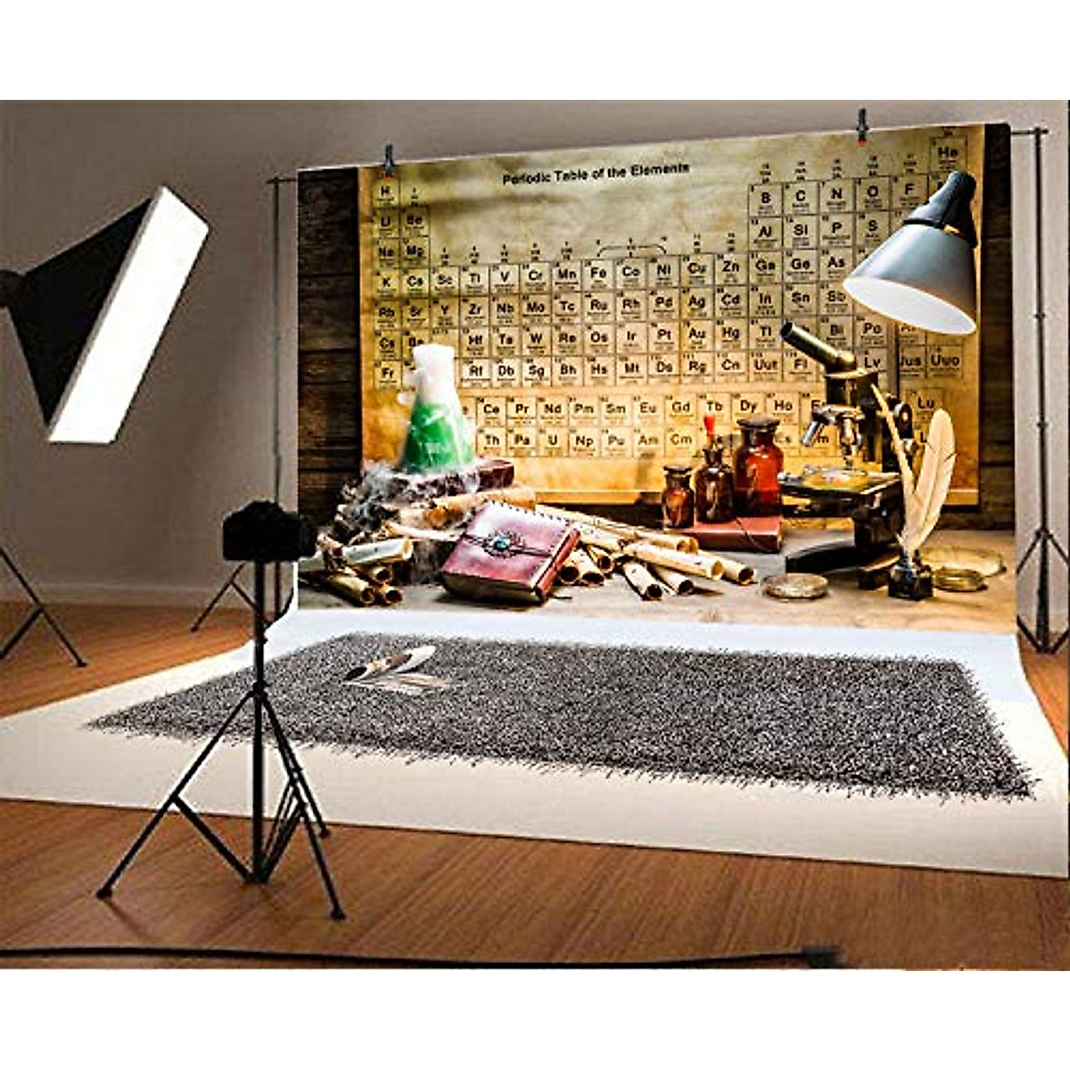 Leyiyi 5x3ft Vintage Chemistry Lab Backdrop Rustic Wooden Cottage Retro Maps Chemist Microscope Retro Periodic Elements Table Quil Photo Background Cowboy Kids Portrait Studio Prop Vinyl Banner