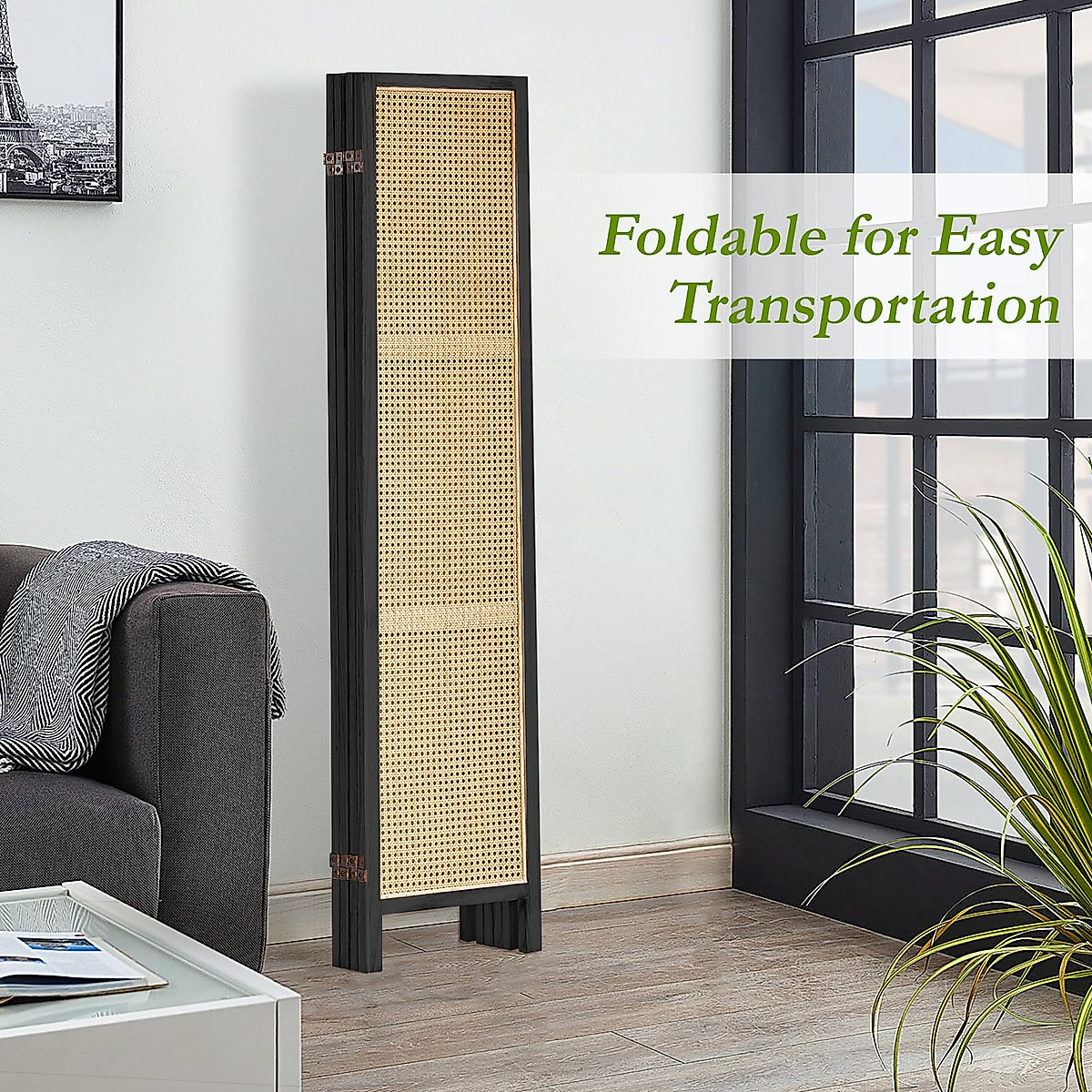 ALeesing 4 Panels Wood Room Divider and Folding Privacy Screens, Hand-Woven Rattan Room Dividers Panel, Room Divider Wall Freestanding, Room Partitions Screen for Home Office Bedroom, Black