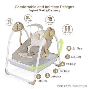 Baby Swings for Infants to Toddler, Compact Baby Swing with 6 Motions, Portable Swing with Music, Sounds, Timing, Baby Rocker with 2 Toys, Plush Seat & Soft Head Support, Machine Washable(Khaki)