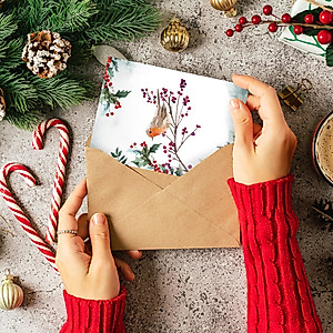 Whaline 25 Pack Christmas Party Invitation Cards Winter Woodland Robin Invitation Paper Cards with Dark Red Envelopes Xmas Holiday Watercolor Animals Party Invites