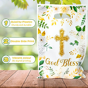 ANGOLIO Easter Treat Party Bags - 50Pcs White Gold Party Favors Bags Print Easter Cross God Bless Candy Bags with Handles Plastic Gifts Bags Birthday Snack Bags Easter Party Favor Supplies for Kids