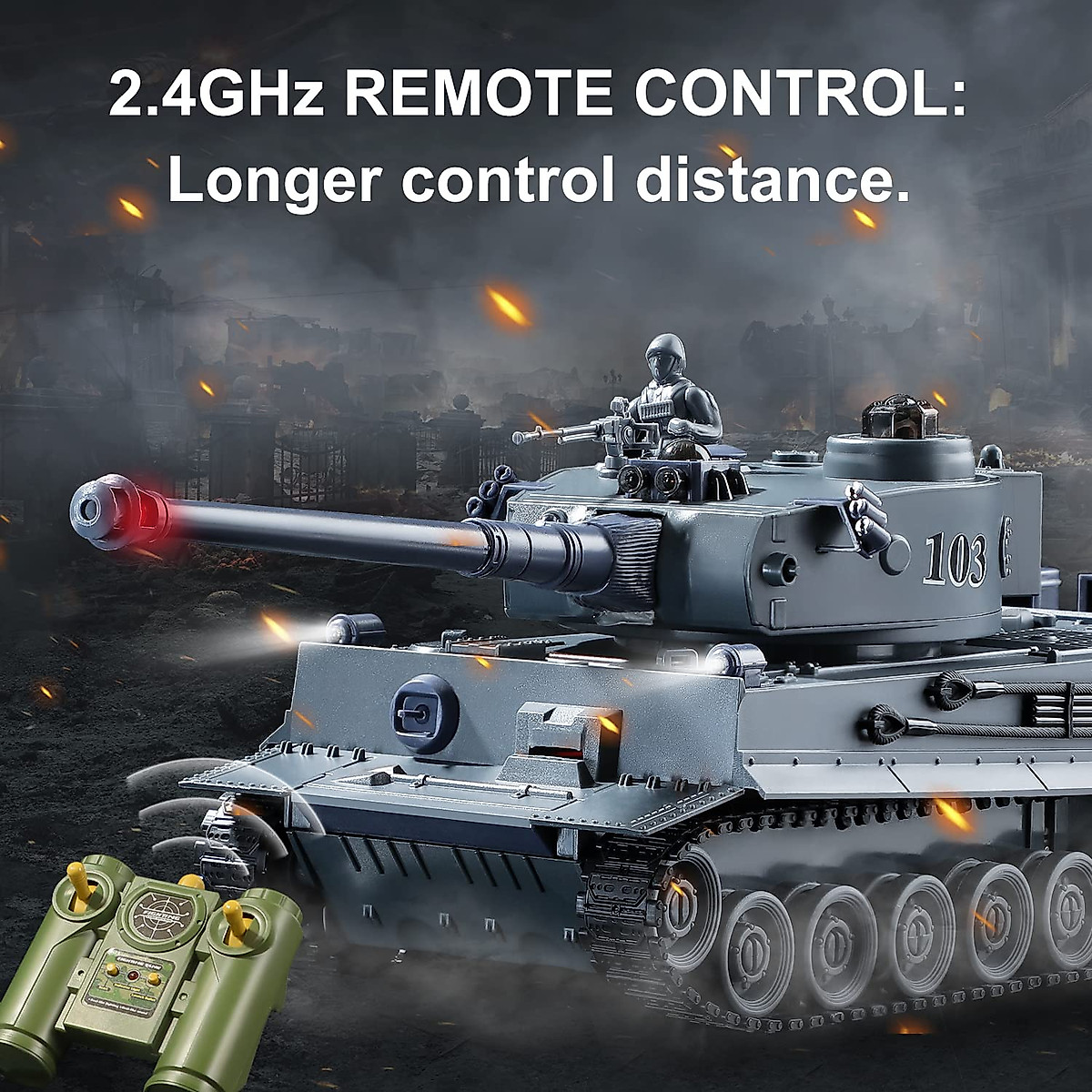 Remote Control Tank, RC WW2 German Tiger Army Tank Toy, 2.4Ghz 9-Channel RC Military Vehicles with Rotating Turret and Sounds, Best for 6 7 8 9 Boys Kids Xmas Military Toys