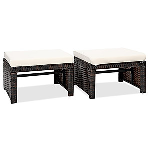 RELAX4LIFE 2-Piece Wicker Outdoor Ottoman, Rattan Footrest Set of 2 with Removable Cushions, 3-in-1 Foot Stool, Side Table & Additional Seating, Outdoor Footstools for Patio Backyard (White)