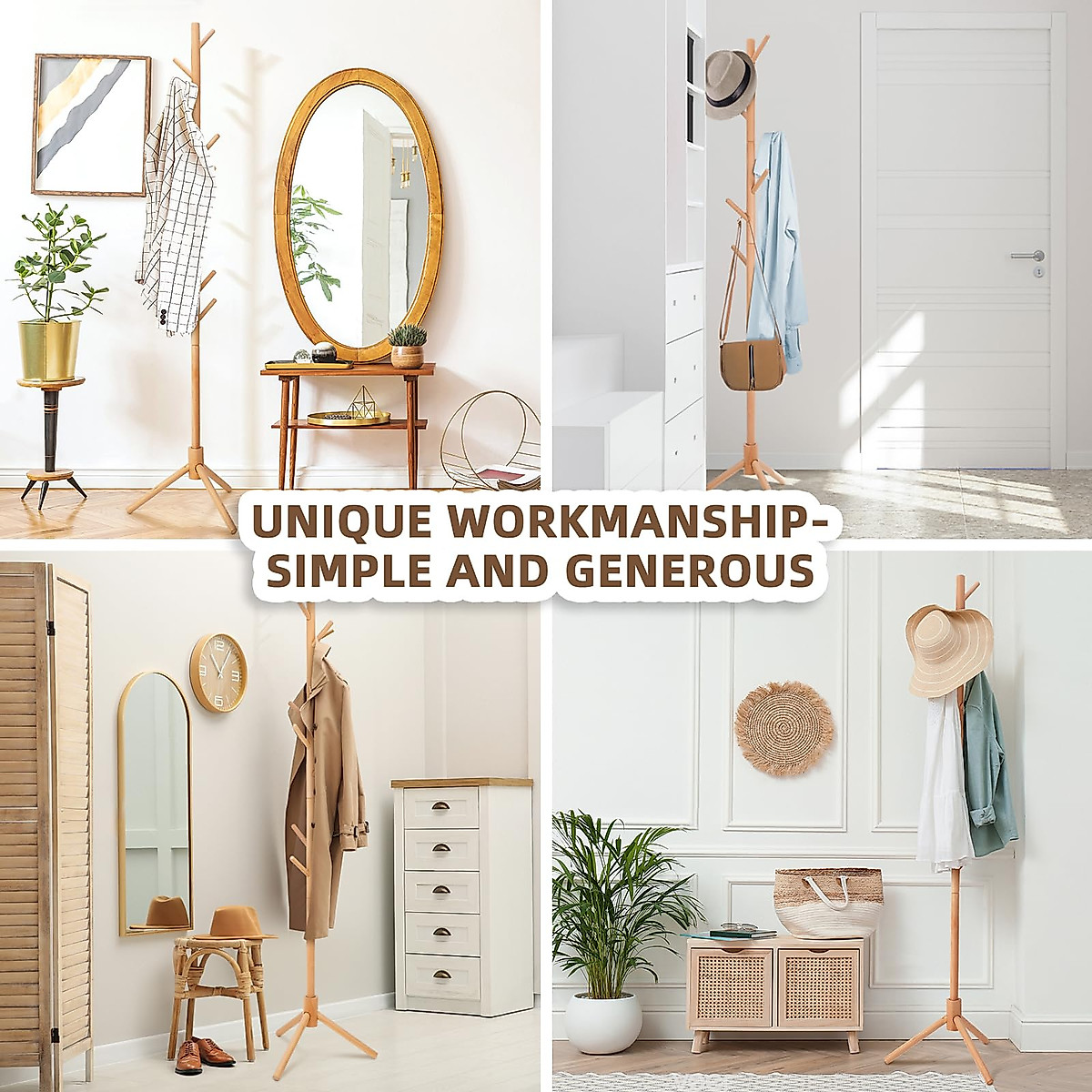 OOOK Solid Wooden Coat Rack Freestanding, Standing Coat Rack with 8 Hooks, 3 Height Options, Suitable for Kids and Adult, Coat Racks Free Standing for Bedroom Office Entrance Log Color