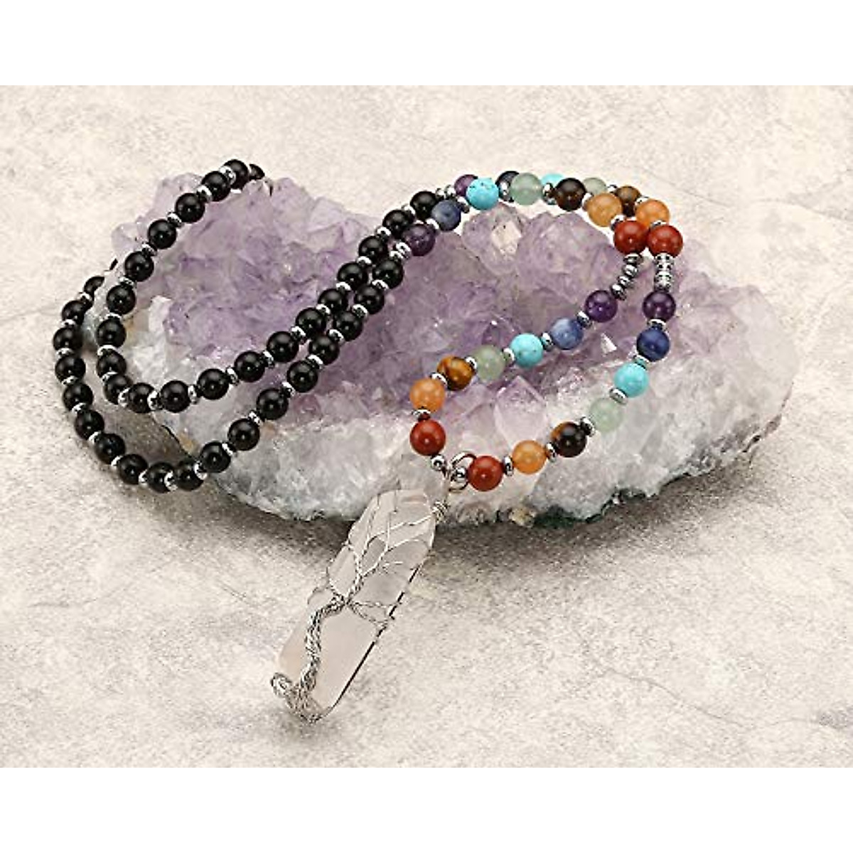 Jovivi Natural Black Obsidian 7 Chakras Healing Crystals Necklace Wire Wrapped Clear Quartz Pendant Healing Pointed Reiki Energy Balancing
