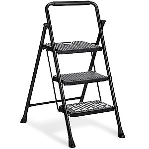 3 Step Ladder, Miscoos Folding Step Stool for Adults with Wide Anti-Slip Pedal, Sturdy Steel Ladder, Lightweight, Convenient Handgrip, Portable Kitchen& Household Small Step Ladder, Black