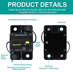 150 Amp Circuit Breaker,with Manual Reset,12V-48V DC, for Car Marine Trolling Motors Boat ATV Manual Power Protect and Automotive Marine Boat Audio System Protection
