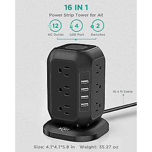 AiJoy Power Strip Tower 16.4 ft Cord & Power Strip with USB C Ports, USB Charging Station with Overload Protection, Living Room, Office, College Dorm