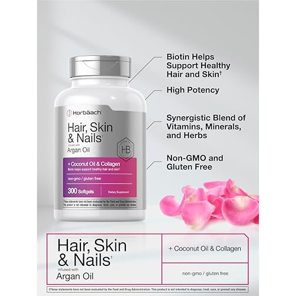 Horbäach Hair Skin and Nails Vitamins | 300 Softgels | with Biotin and Collagen | Infused with Argan Oil and Coconut Oil | Non-GMO, Gluten Free Supplement