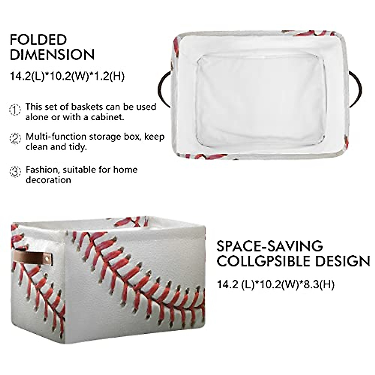 AUUXVA Sport Ball Baseball Storage Bins Basket,Special Baseball Print Collapsible Storage Cube Rectangle Storage Box with Handles for Shelf Closet Nursery Bedroom Home Office 2 Pack
