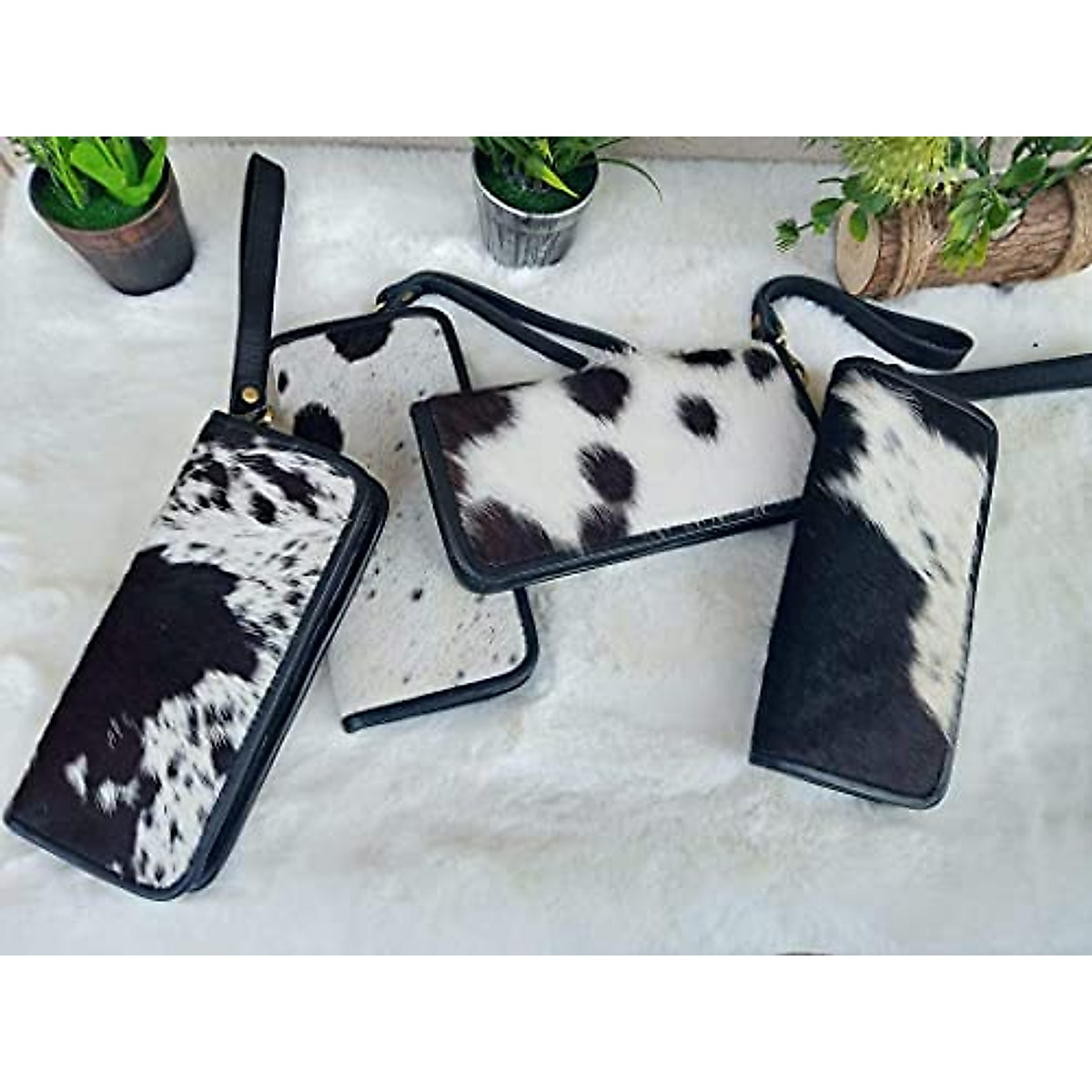 Womens Zipper Wristlet Clutch - Black White Cow Hide Cow Skin Leather Hand Clutch Zip Phone Wallet Clutch Card Case 8' X 4' - Gift for her