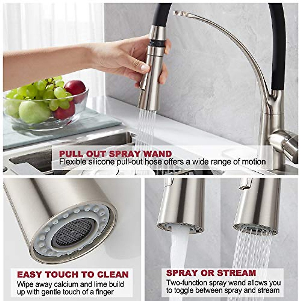 RODDEX Pullout Kitchen Faucet Solid Brass Single Handle Kitchen Sink Faucet with 360 Swivel Black Pull Down Sprayer, 3 Hole Deck Plate, Brushed Nickel