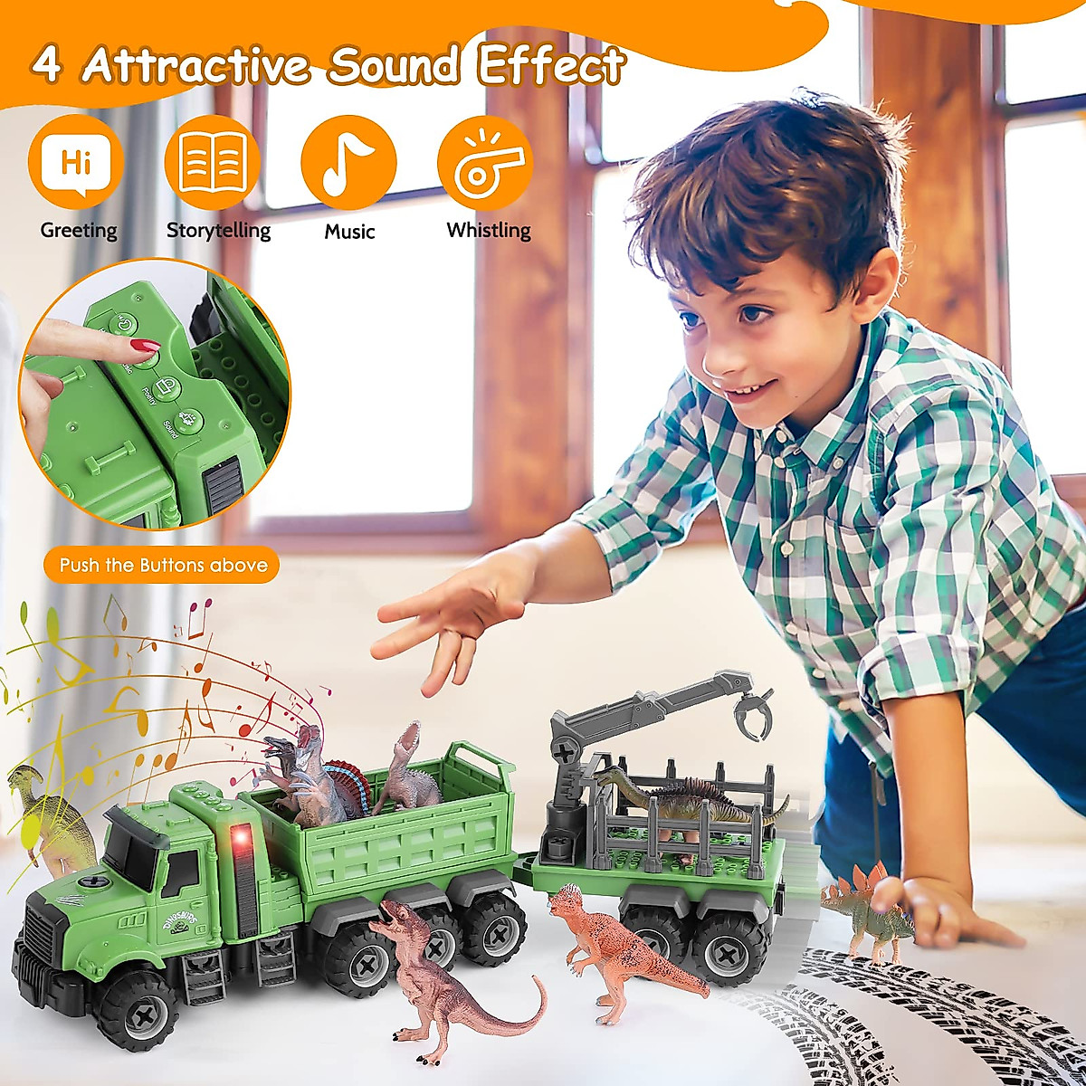 FANURY Dinosaur Toys Truck with Lights Sounds for Kids, 8 Dinosaurs & Electric Drill, Take Apart Truck Building Toys, Dino Transport Cars Playset Toys Gifts for 3 4 5 6 7 8 Year Old Boys Girls