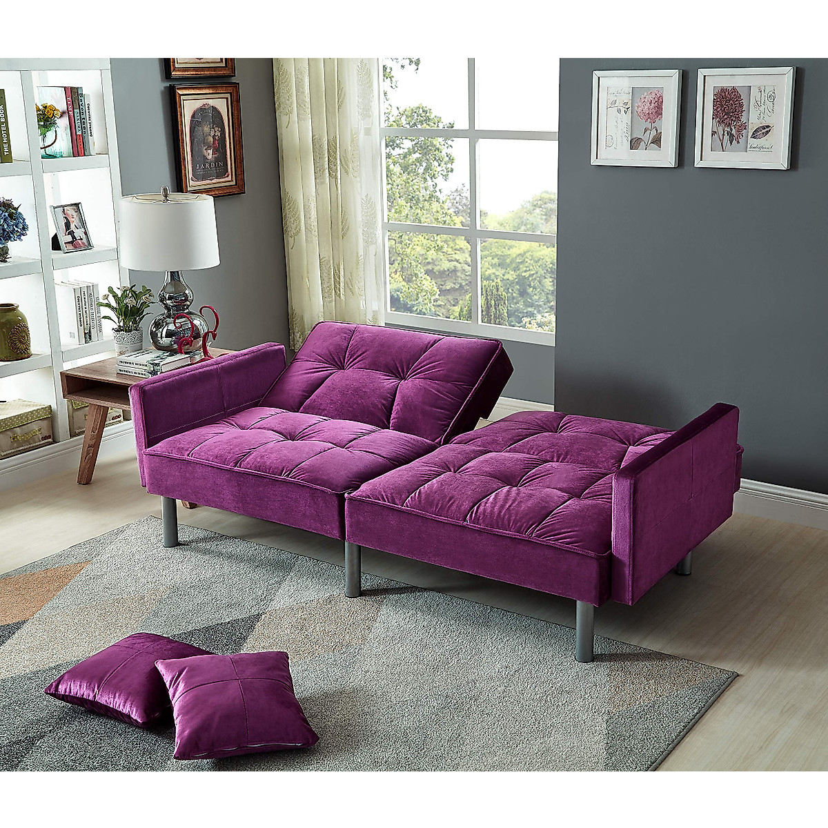 Legend Furniture Velvet Loveseat Futon Convertible Sofa Bed for Living Room and Couch for Bedroom Sofabed Sleeper, 75.5'', Purple