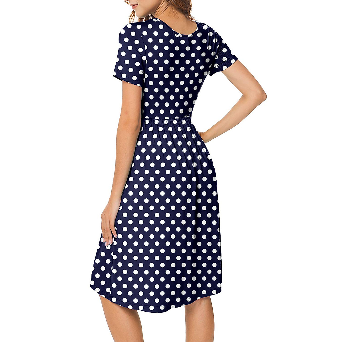 DB MOON Women Summer Casual Short Sleeve Dresses Empire Waist Dress with Pockets (Polka Dot Navy Blue, M)