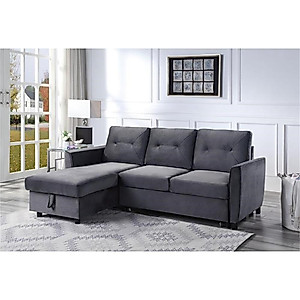 BOWERY HILL Dark Gray Velvet Reversible/Sectional Sleeper Sofa with Storage Chaise