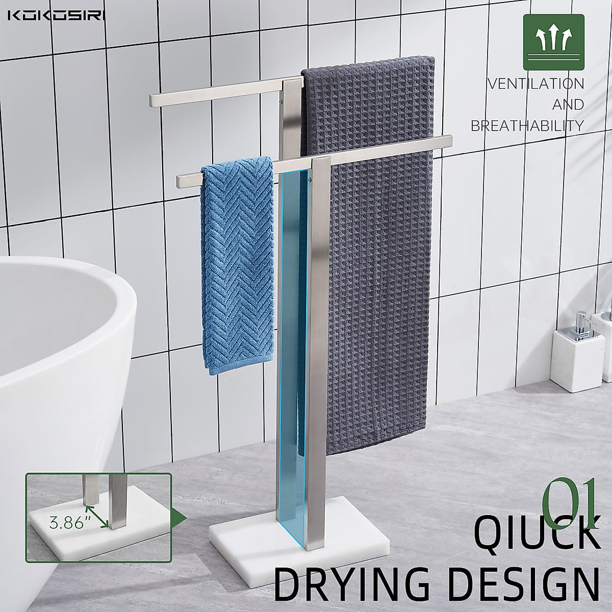 KOKOSIRI Bathroom Towel Rack 2-Tier Standing Towel Racks with Marble Base Freestanding Towel Bars Bath Towel Hook Robe Hook Coat Hook Brushed Nickel THS0001-BR+B1010BR-P2