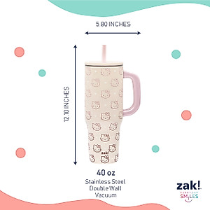 Zak Designs Sanrio Sutton Travel Tumbler for On the Go or At Home, 40oz Stainless Steel with Vacuum Insulation, Silicone Straw, Carry Handle, and 3D Artwork for Cold Drinks (Hello Kitty)