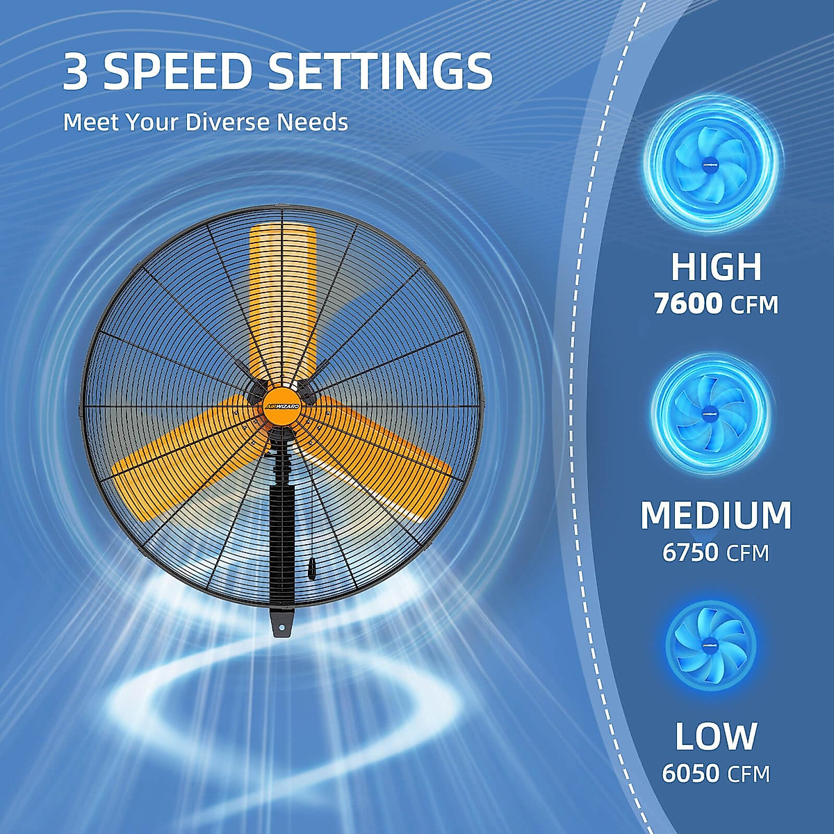 AIRWIZARD 24 inch Oscillating High Velocity Wall Mount Fan, 7600 CFM Industrial Heavy Duty Metal Wall Fan, 3 Speeds, Adjustable Height and Tilt, Commercial Shop Fan for Garage, Workshop