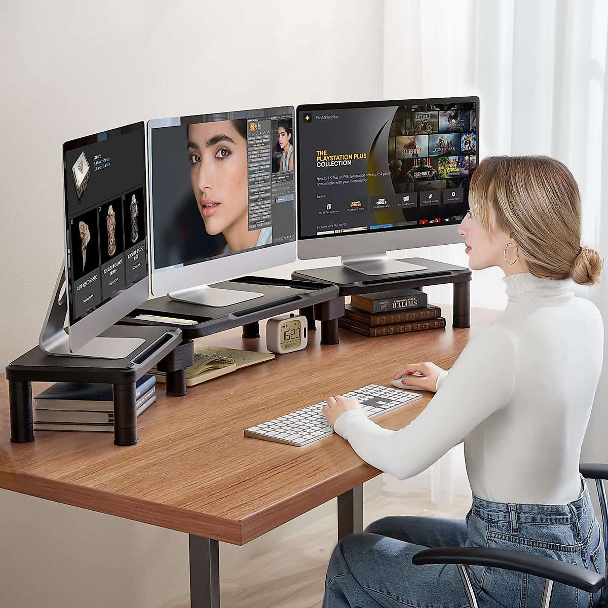 AMERIERGO Triple Monitor Stand, Dual Monitor Stand with Angle Adjustable, Dual Monitor Riser with 3 Slots for Tablet & Cellphone, Desktop Computer Stand for Monitor/Laptop/Printers/PC