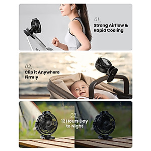 Koonie Portable Clip On Fan, Small USB Fan Battery Operated, 3 Speed Rechargeable Mini Fan With LED Display, 360° Rotate Personal Cooling Desk Fan for Stroller Travel Camping Golf Gym