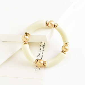 LALAPPLE Gold Plated Beaded Acrylic Bamboo Tube Bangle Bracelets for Women, Colorful Chunky Curved Tube With Gold Pieces Beads Stretch Bracelet Friendship Summer Beach Jewelry (A-Ivory)