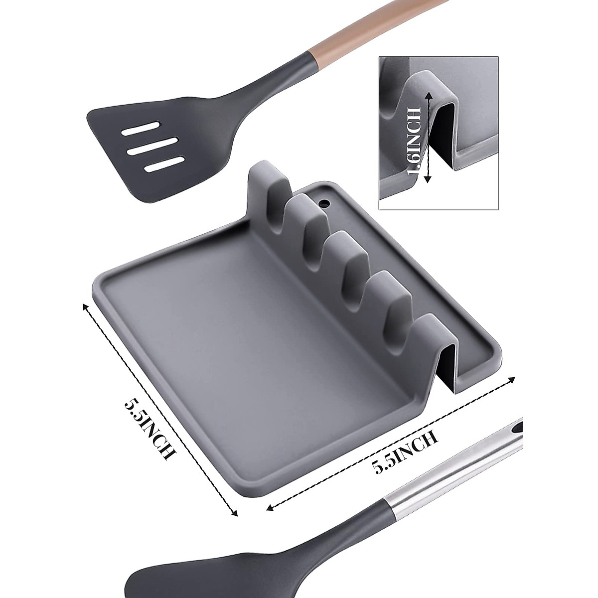 Silicone Spoon Rest with Drip Pad for Stove Top(2PCS), Large Utensil Rest for Multiple Utensils, Heat-Resistant & Dishwasher Safe Kitchen Utensil Holder for Spatula, Ladle, Kitchen Gadgets (Grey)