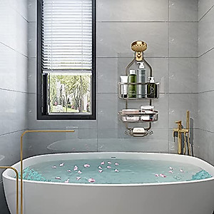 YUNWANG Bathroom Shower Caddy Over Shower Head，Stainless Steel Shower Caddy Hanging for Shampoo and Conditioner，Shower Rack with Hooks for Razors Towels，Sliver，24.8x11x3.9 Inch