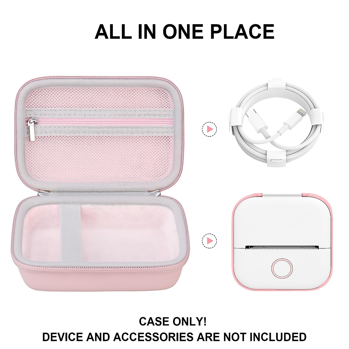 Supmay Hard Case for Memoking Mini Printer - Sticker Printer T02 Portable Thermal Printer Inkless Sticker Maker Machine, Storage Case with Mesh Pocket for T02 Thermal Paper Roll, USB Cable, Pink
