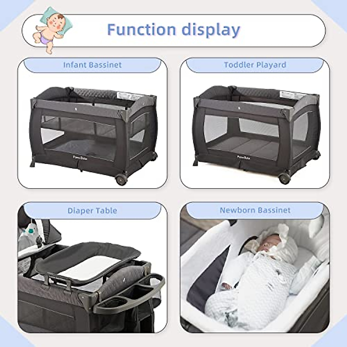 Pamo Babe Playard Deluxe Nursery Center, Foldable Playpen for Baby & Toddler, Bassinet, Mattress, Changing Table for Newborn (Grey)