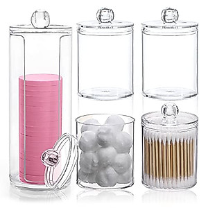 5Pcs Acrylic Cotton Pad Holder, FHDUSRYO Q-Tips Cotton Swab Dispenser Apothecary Jar with Lid, Bathroom Cotton Wool Bud Organizer Clear Makeup Container for Vanity Storage Cotton Ball Cosmetic Pads Floss