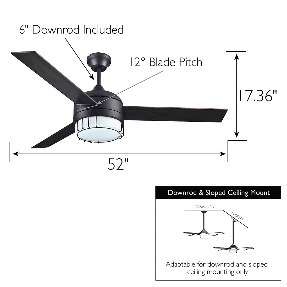 Design House 157347 Ajax Industrial Modern Indoor Ceiling Fan with LED Light Kit, 3-Blades, Reverse Airflow, Wall Control, 52-inch, Oil Rubbed Bronze