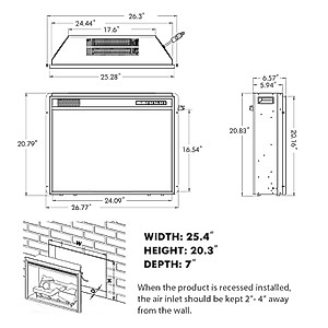 GOFLAME 26-Inch Electric Fireplace Insert, Wall Recessed Fireplace Heater with Thermostat, 3 Flame Colors, 6 Flame Brightness, 6H Timer, Remote Control, Overheat Protection, 750W/1500W