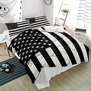 Duvet Cover Sets Black White USA Flag Star and Stripe,3 Pieces Bedding Set Ultra Soft Microfiber Quilt Covers and Pillowcase for Bedroom,Independence Day 4th of July Bed Set All Seasons Use