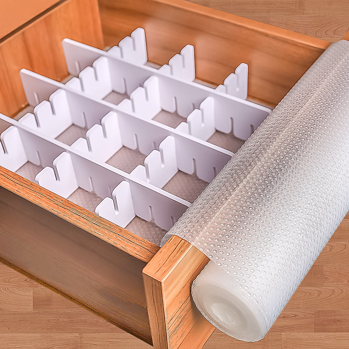 Shelf Liner, Raydior Drawer Liner Non-Slip Washable, 12in×20Ft Cabinet Liner Non-Adhesive Shelf Liners for Kitchen Cabinets, Wire Shelves, Refrigerator Liners Come with 6pcs Drawer Divider (Clear)