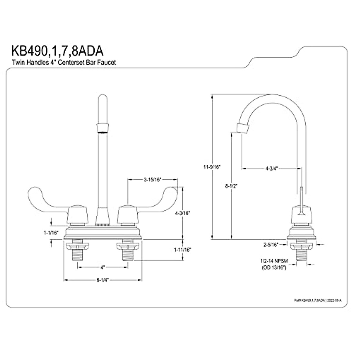 Kingston Brass KB491ADA Vista Bar Faucet, 4-3/4", Polished Chrome