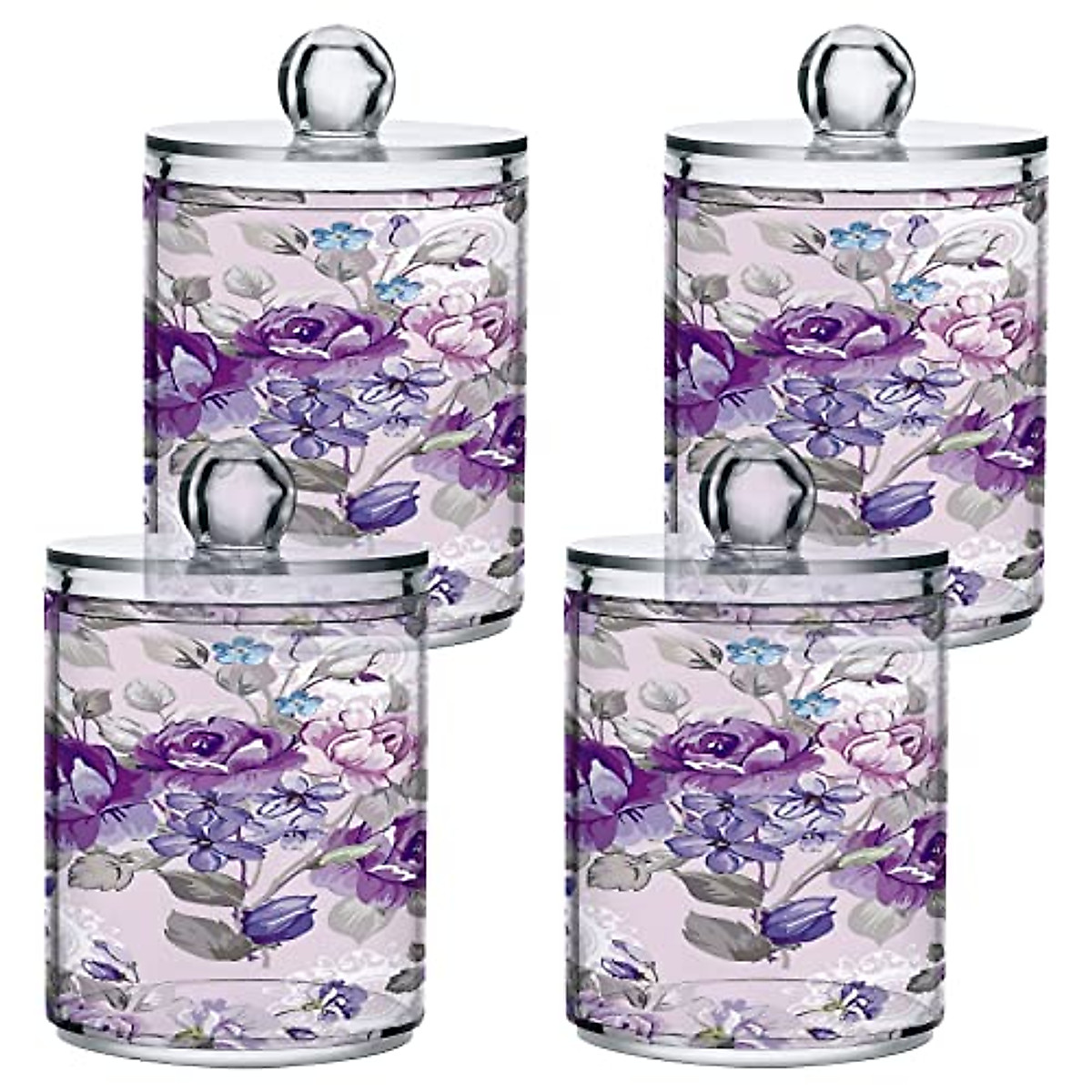 WELLDAY Apothecary Jars Bathroom Storage Organizer with Lid - 14 oz Qtip Holder Storage Canister, Retro Purple Flowers Clear Plastic Jar for Cotton Swab, Cotton Ball, Floss Picks, Makeup Sponges,Hair