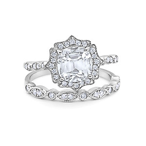 Blue Apple Co. Two Piece Art Deco Wedding Engagement Ring Band Cushion Cubic Zirconia 925 Sterling Silver Size - 7