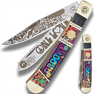 KISSING CRANE Groovy Trapper Pocket Knife | Laser Etched Stainless Steel Blades | 3D Printed Bone and Acrylic Handle Scales | Nickel Silver Boosters | 1960's Tribute | Closed Length 4"
