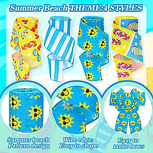 Whaline 4 Rolls Summer Wired Ribbon 24 Yards Flip Flop Fabric Decorative Ribbon Summer Theme Sunshine Fabric Ribbon Beach Party Stripe Craft Ribbon for Summer Wreath Bow DIY Craft Wrapping, 2.5 Inch