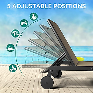 YITAHOME Patio Chaise Lounge Set of 3, Outdoor Lounge Chairs with Side Table, Adjustable Backrest Poolside Loungers with Wheels for Pool Beach Patio Lawn Porch - Brown