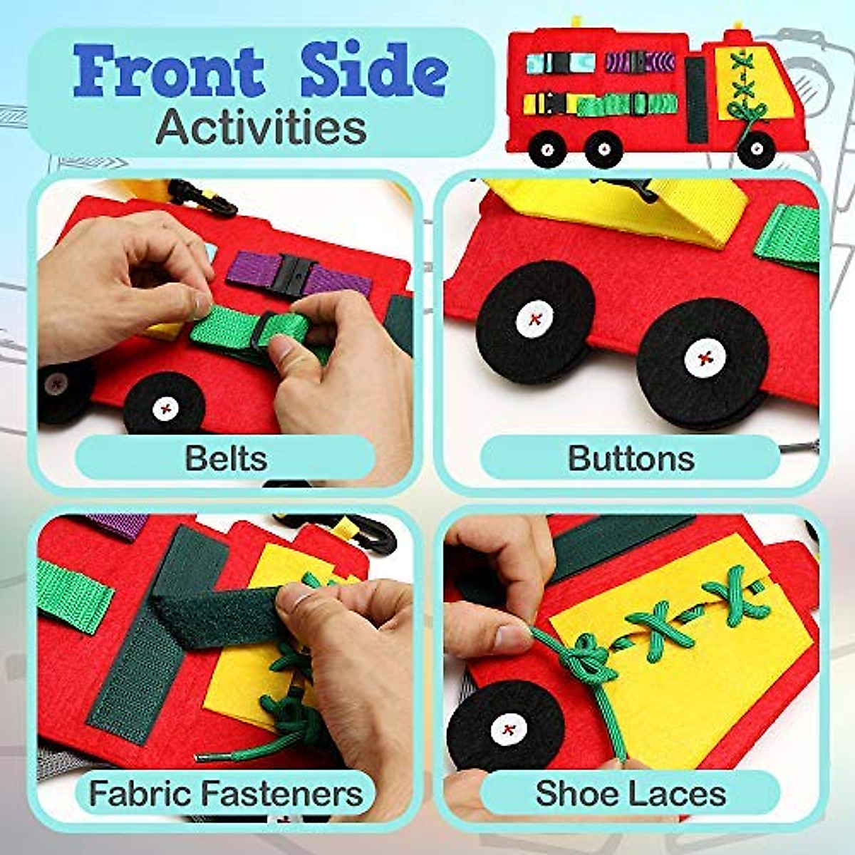 Busy Board for Toddlers 1-3 or 2-4, Firetruck Preschool Educational Early Learning Toy, Basic Life Skills and Fine Motor Montessori Activities for Kids, Learn to Dress Sensory Toy as Travel Game