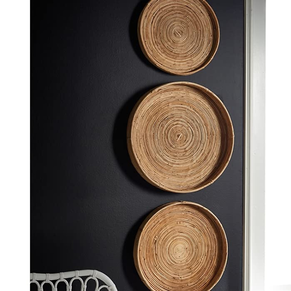 MY SWANKY HOME Elegant Set of 3 Woven Cane Rattan Trays Round Flat Baskets Natural 22 in Boho