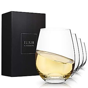 ELIXIR GLASSWARE Stemless Wine Glasses - Hand Blown, Red White Wine Glasses Set of 4 - Premium Crystal Stemless Wine Glasses - Wine Tasting, Wedding, Anniversary, Christmas, Party - 17 oz, Clear