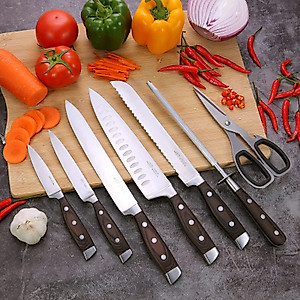Enfmay Knife Set, 8 Pieces High Carbon Kitchen Knife Set with Block, Stainless Steel Chef Knife Set with Sharpener, Full Tang, Classical style