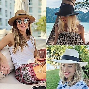 3 Pieces Straw Fedora Wide Brim Panama Hat Summer Beach Sun Hat for Women Men Multicolor